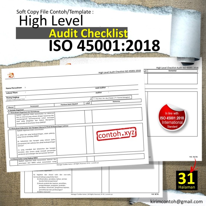 Jual Contoh High Level Audit Checklist ISO 45001:2018 | Bahasa ...