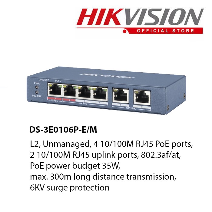 Jual DS-3E0106P-E/M PoE Switch HIKVISION 4 Port + 2 Uplink 10/100M RJ45 - Kota Medan - Hikvision ...