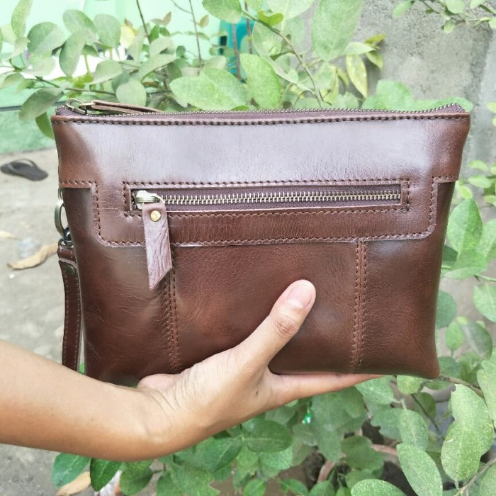 Jual Pouch Kulit Asli / Hand bag kulit sapi pull up DARK BROWN - Kab ...