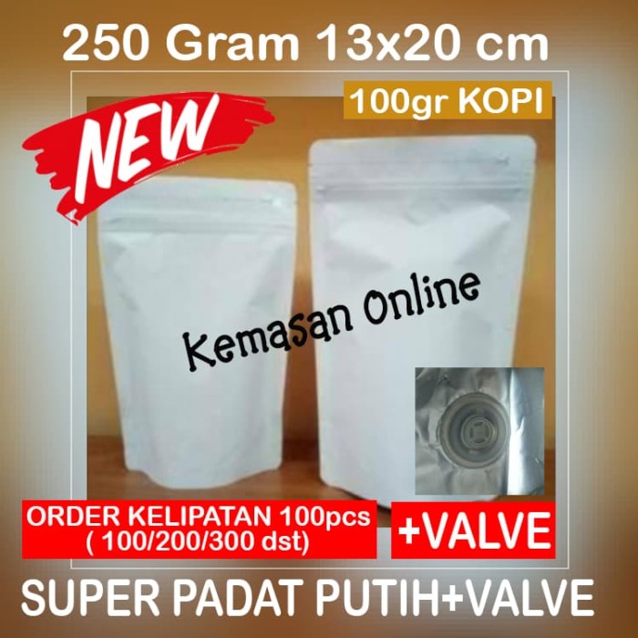 Jual KEMASAN KOPI 100gr STANDING POUCH PUTIH 250+ZIPPER+VALVE(13x20cm ...