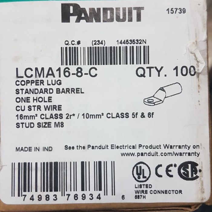 Jual Panduit Skun Kabel Copper Lug LCMA16-8-C LCMA Standard Barrel One ...
