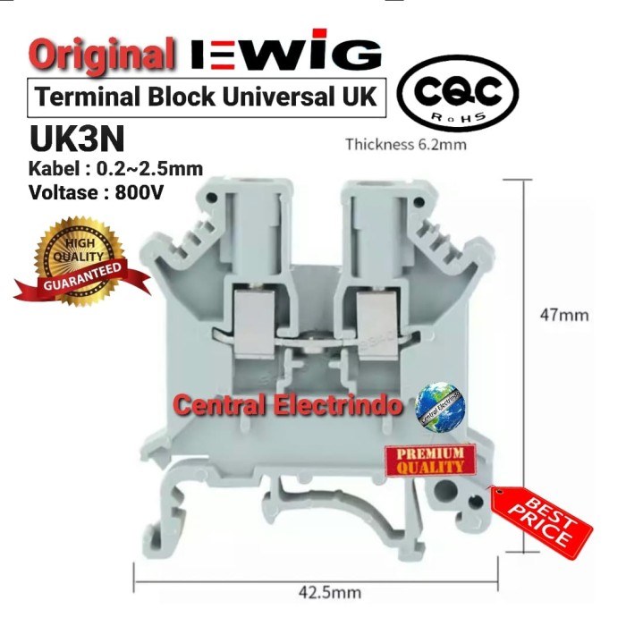 Jual Terminal Block Universal UK3N (0.2~2.5mm) 800V Din Rail EWIG. - Kota Tangerang - central ...