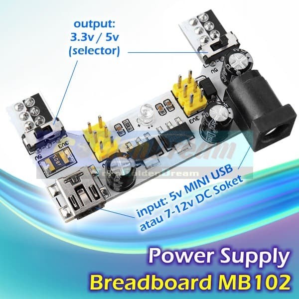 Jual MB102 Power Supply Breadboard 3.3v 5v input Mini USB or DC 7-12v Board - Kota Medan ...
